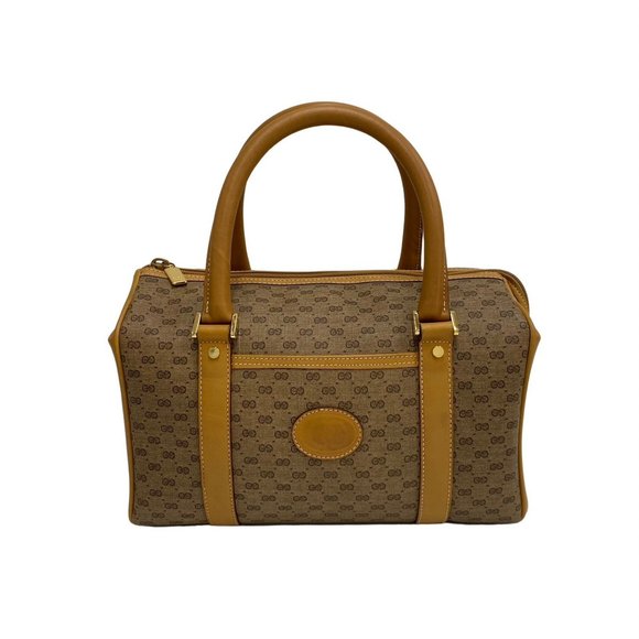 Gucci | Bags | Gucci Old Vintage Micro Gg Logo Leather Handbag Mini Boston Bag Brown Camel ...